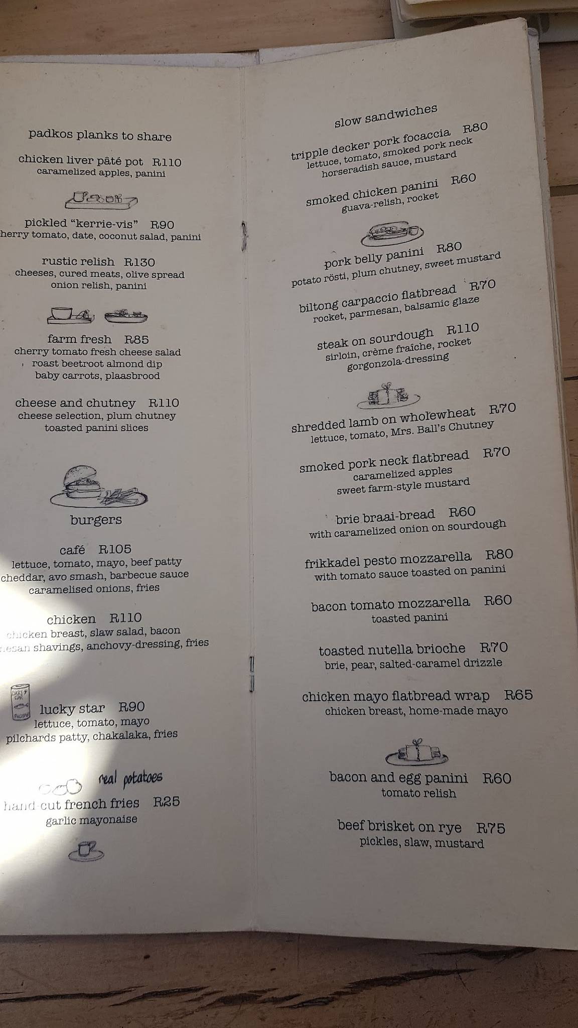 Menu at Afro-Boer cafe, Pretoria
