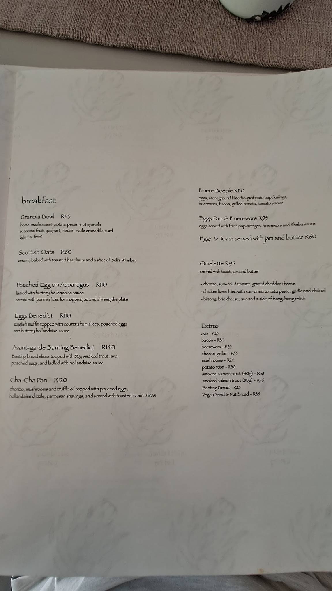 Menu at Afro-Boer restaurant, Pretoria