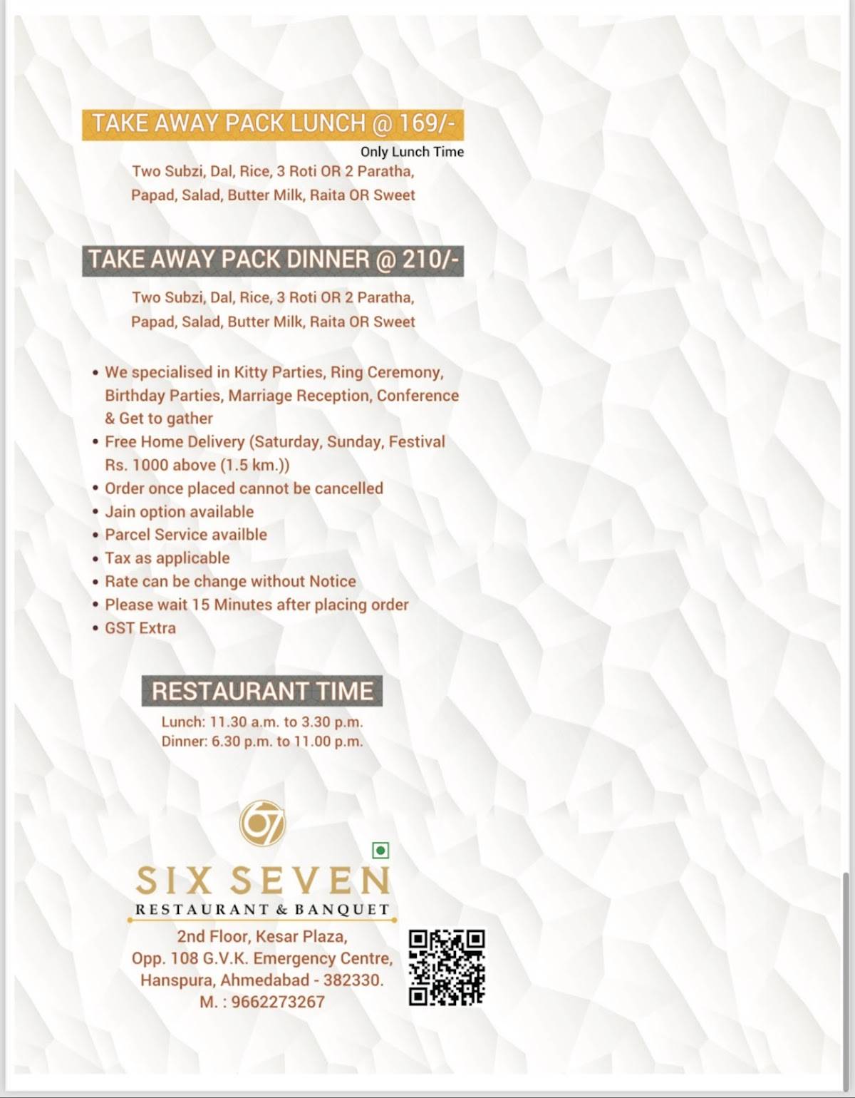 Menu at SIX SEVEN RESTAURANT AND BANQUET, Ahmedabad