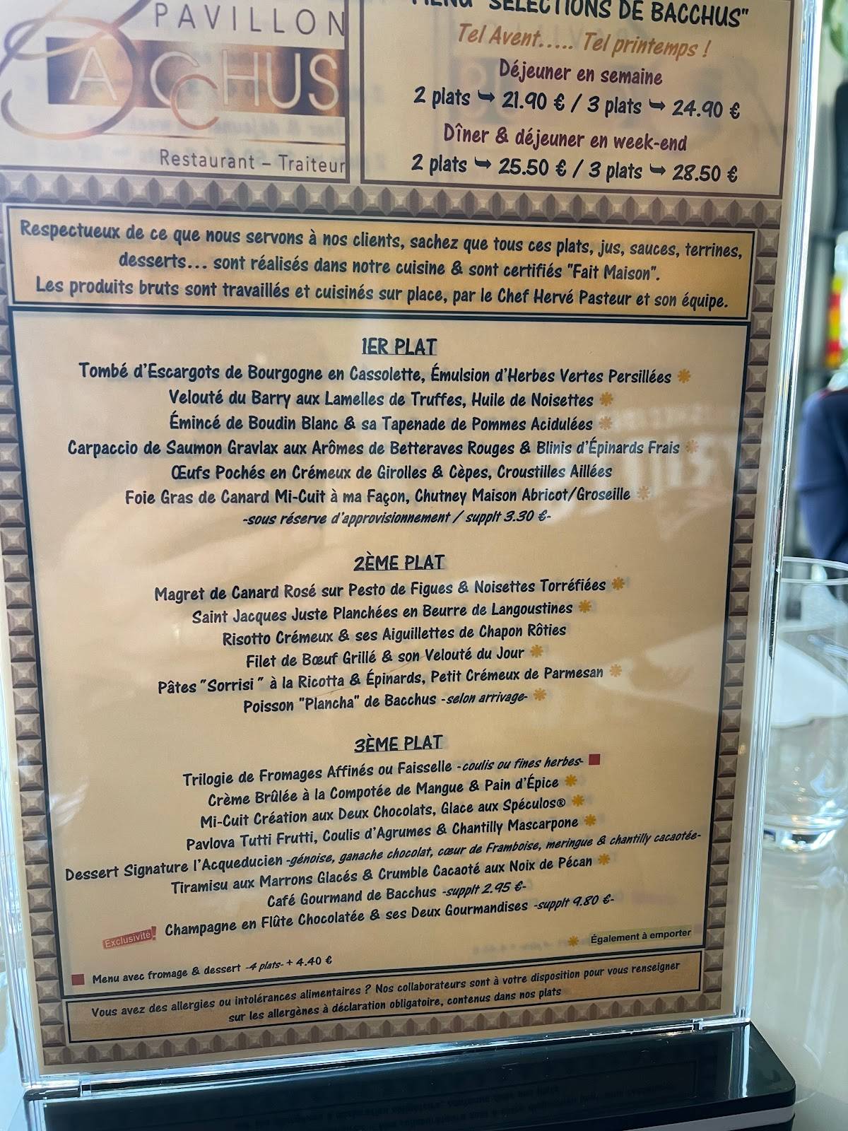 Menu au Pavillon Bacchus restaurant, Ahuy, Cœur de Village