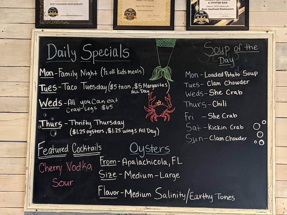 Menu at Aiken Fish House and Oyster Bar, Aiken