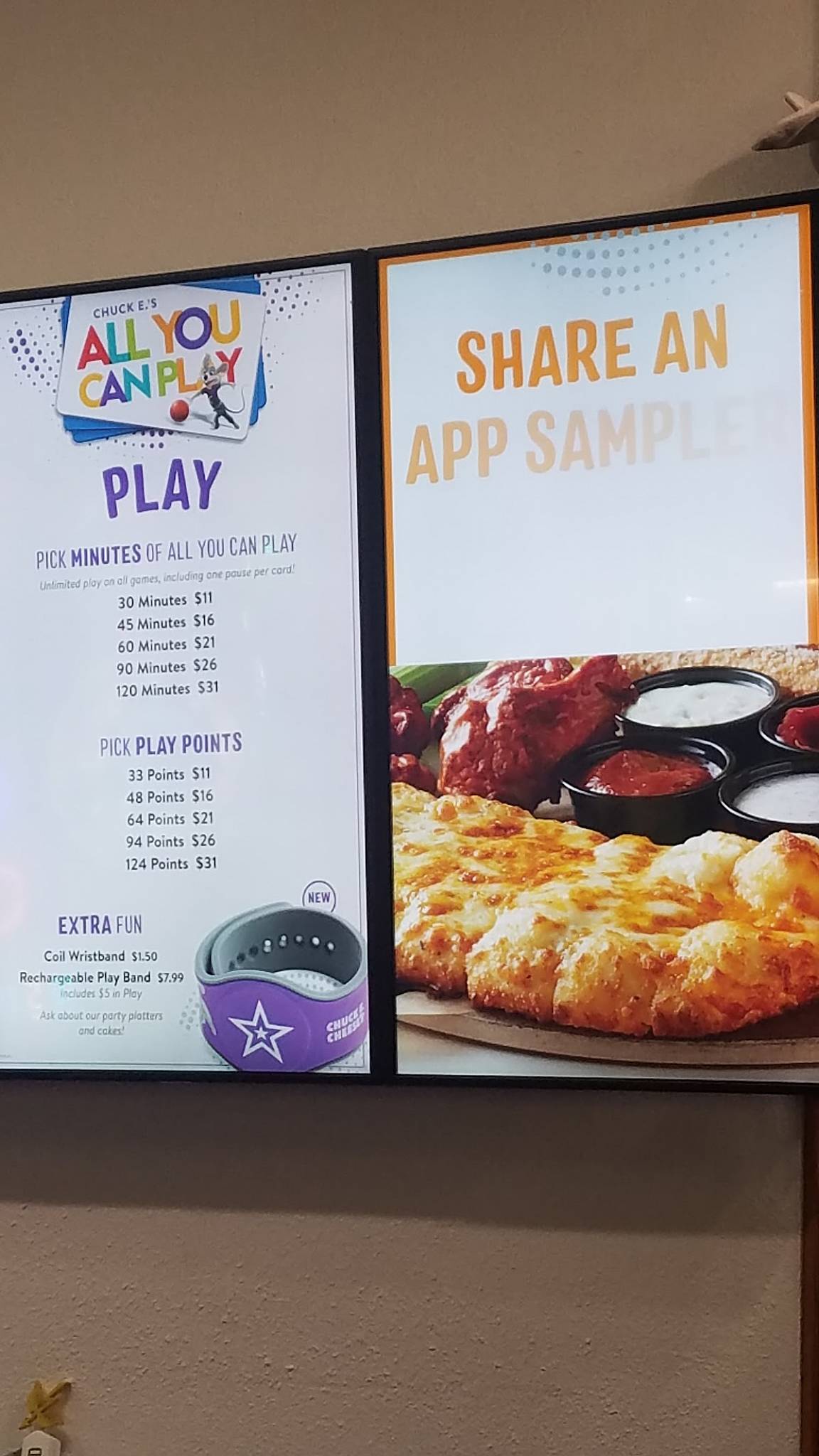 Menu at Chuck E. Cheese pizzeria, Akron, W Market St