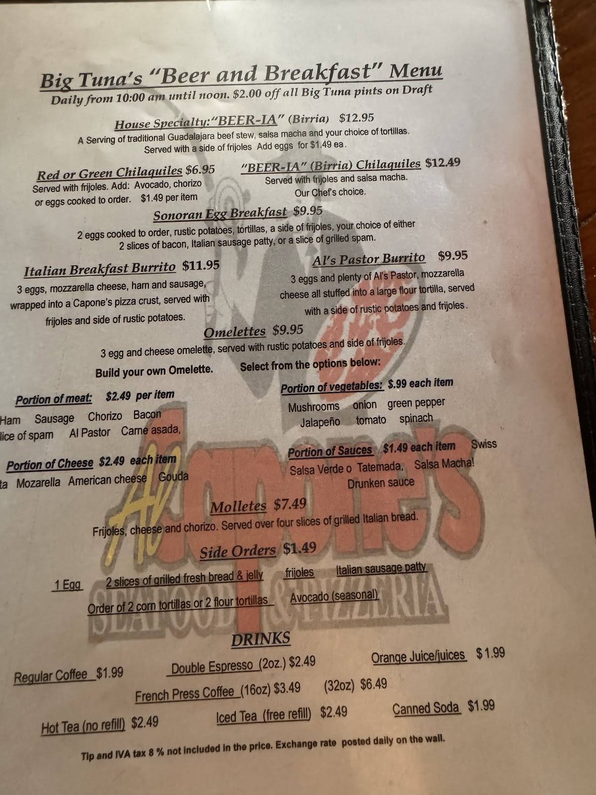 Menu at Al Capone's Seafood and Pizzeria, Puerto Peñasco
