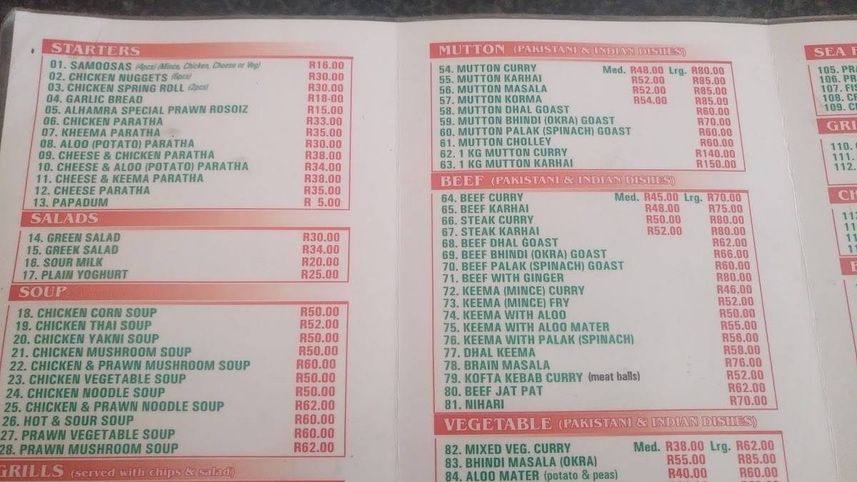 Menu at Al-Hamra Restaurant, Johannesburg, 99 Church St
