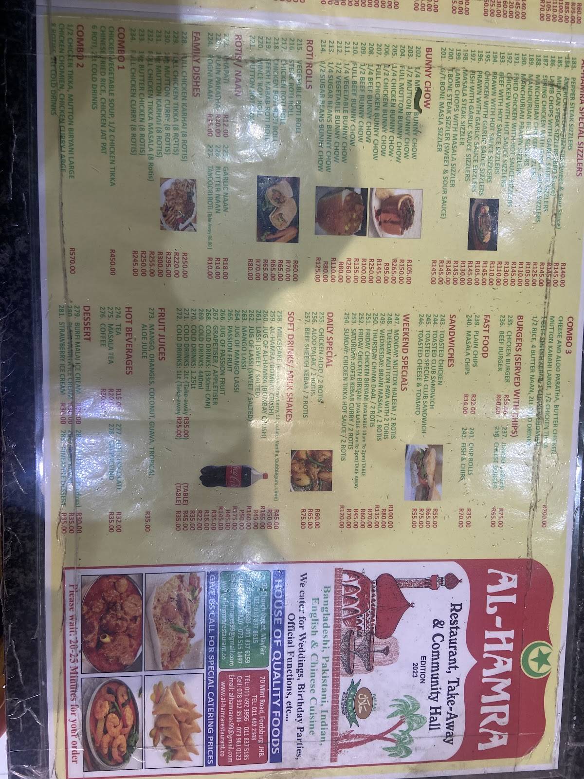 Menu at Al-Hamra Restaurant, Johannesburg, 99 Church St