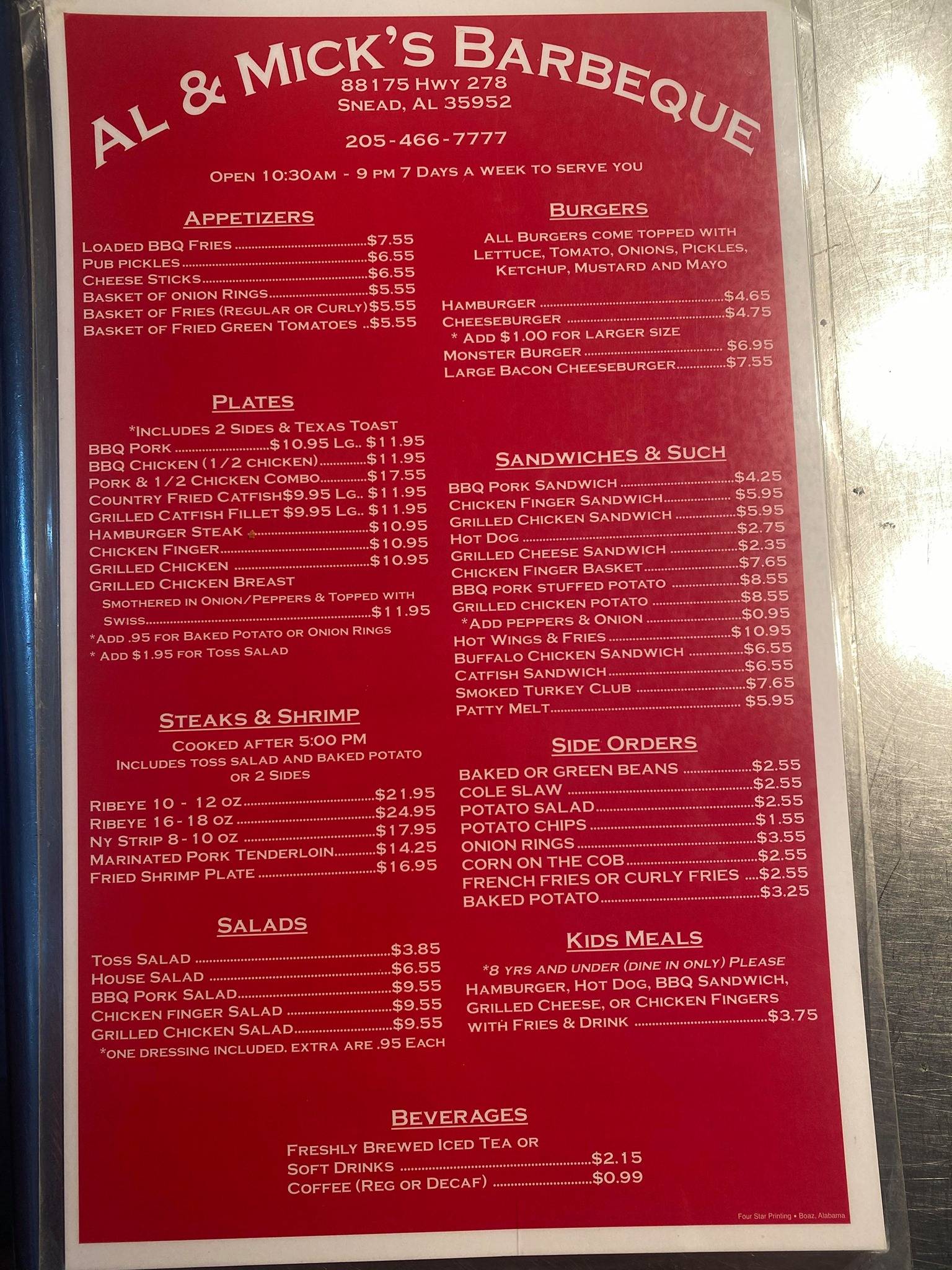 Menu at Al & Mick's Barbeque, Snead