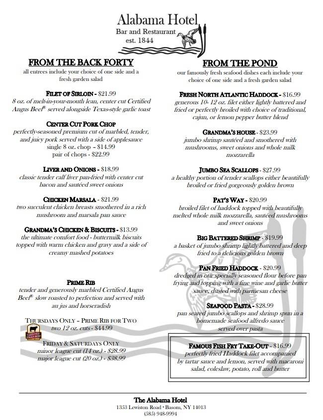 Menu at Alabama Hotel pub & bar, Basom, Lewiston Rd