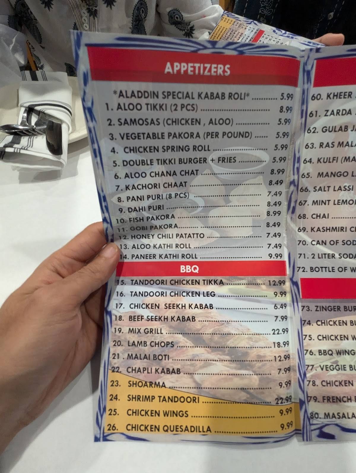 Carta de Aladdin Indian & Pakistani Restaurant (Halal), Centereach