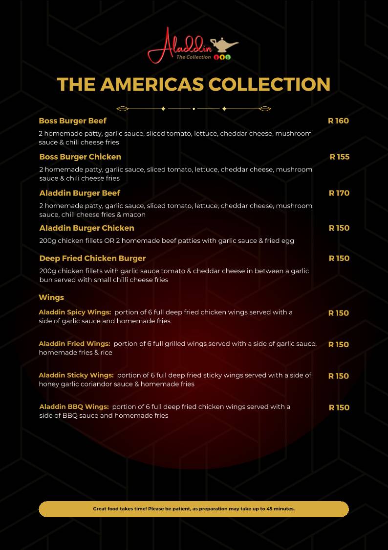 Menu at Aladdin The Collection restaurant, Cape Town