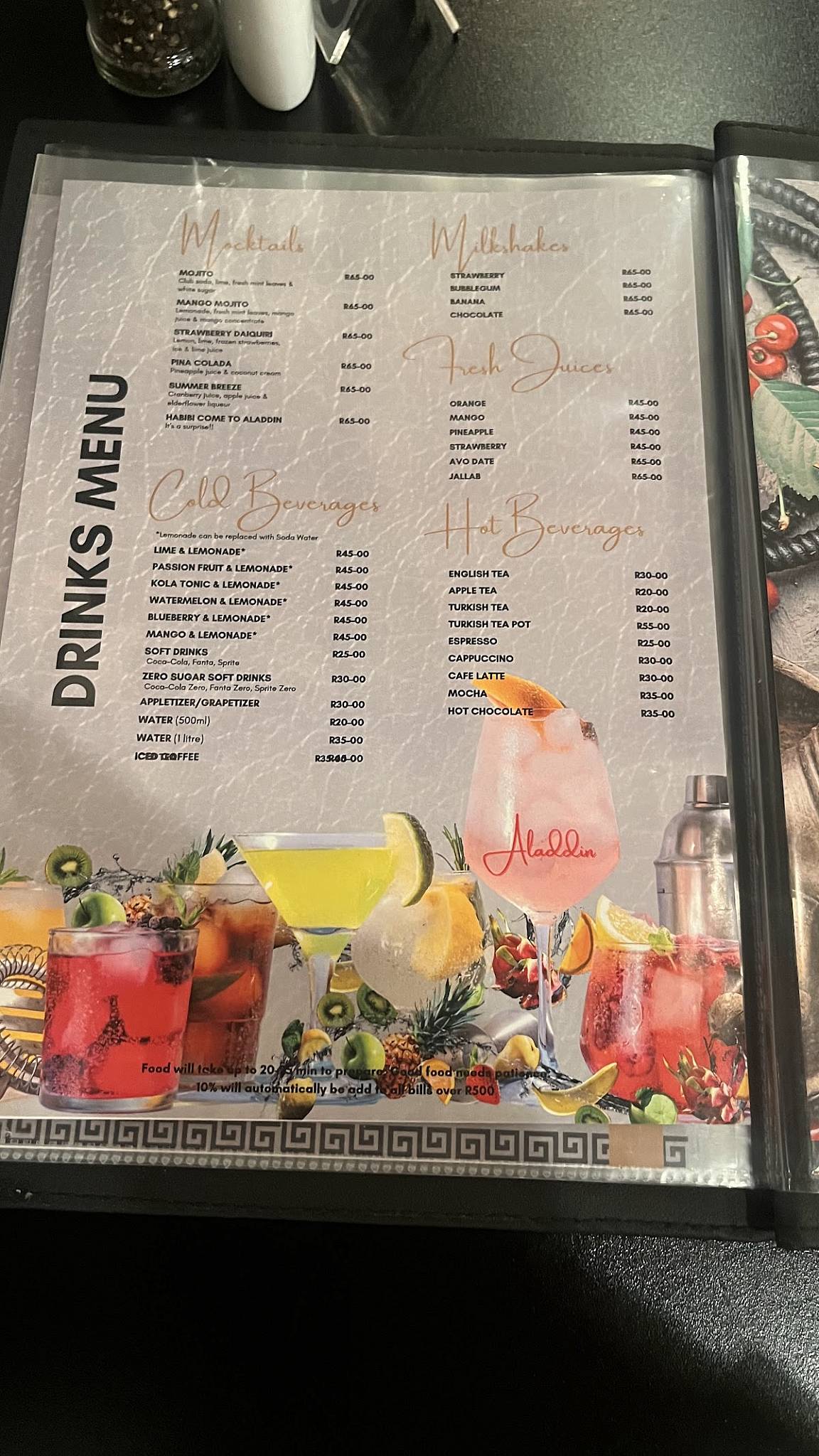 Menu at Aladdin The Collection restaurant, Cape Town