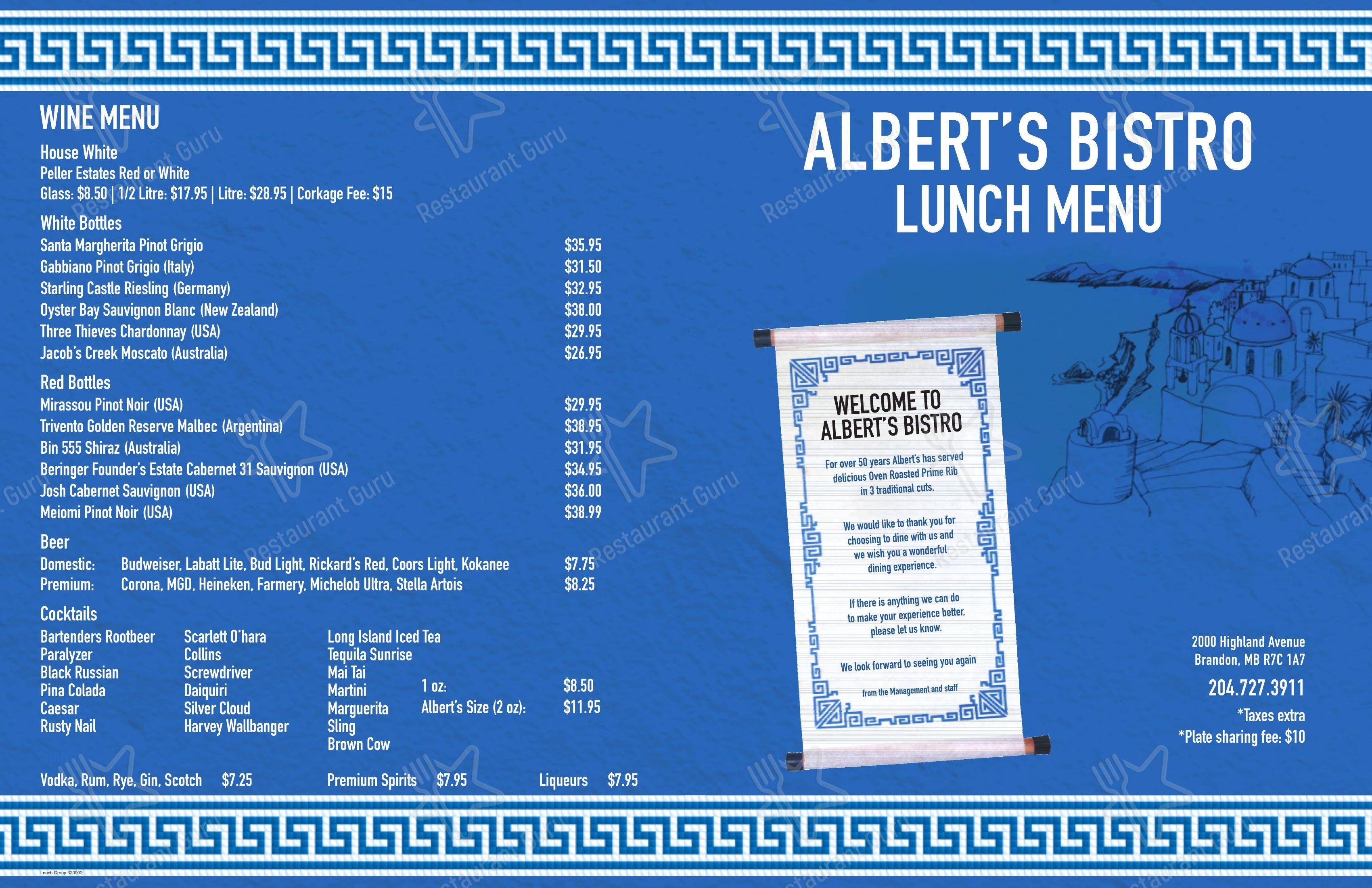 Menu at Albert's Bistro Family Restaurant, Brandon