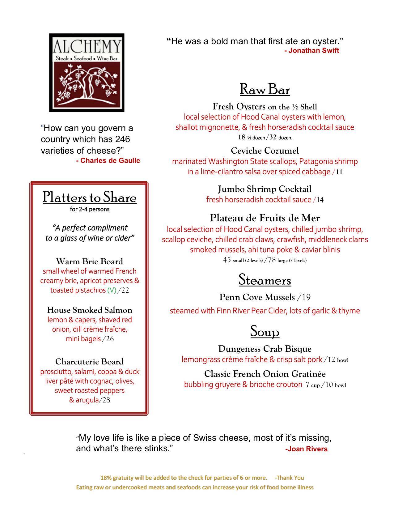 Menu at Alchemy Bistro & Bar, Port Townsend