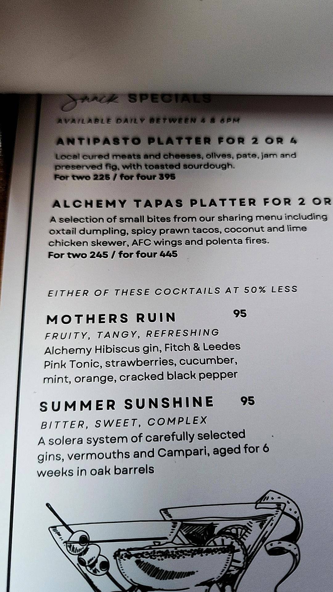 Menu at Alchemy pub & bar, Dolphin Coast, 398 & 445 Main Road Ballito ...
