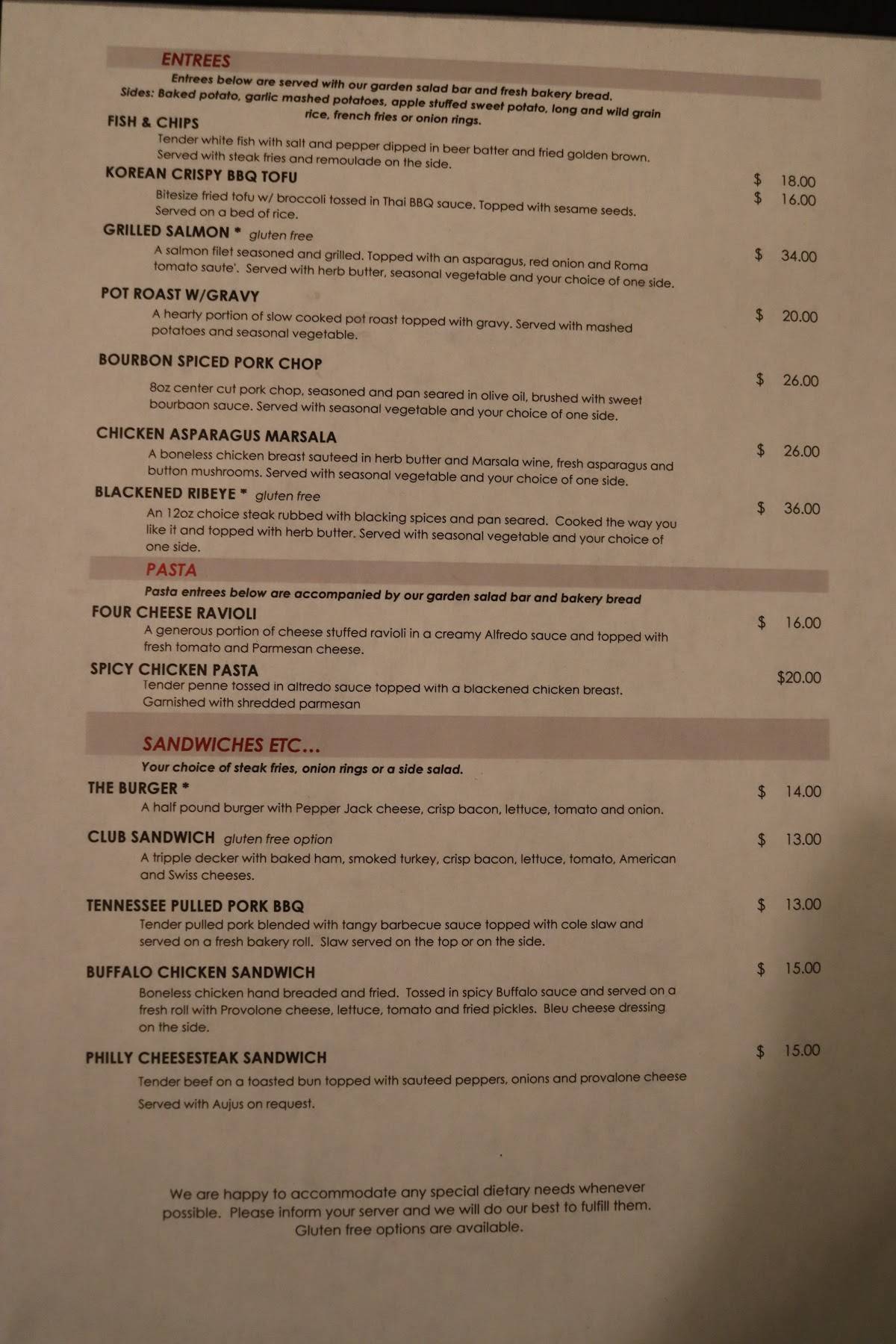 Menu at Cooper's Restaurant, Alcoa