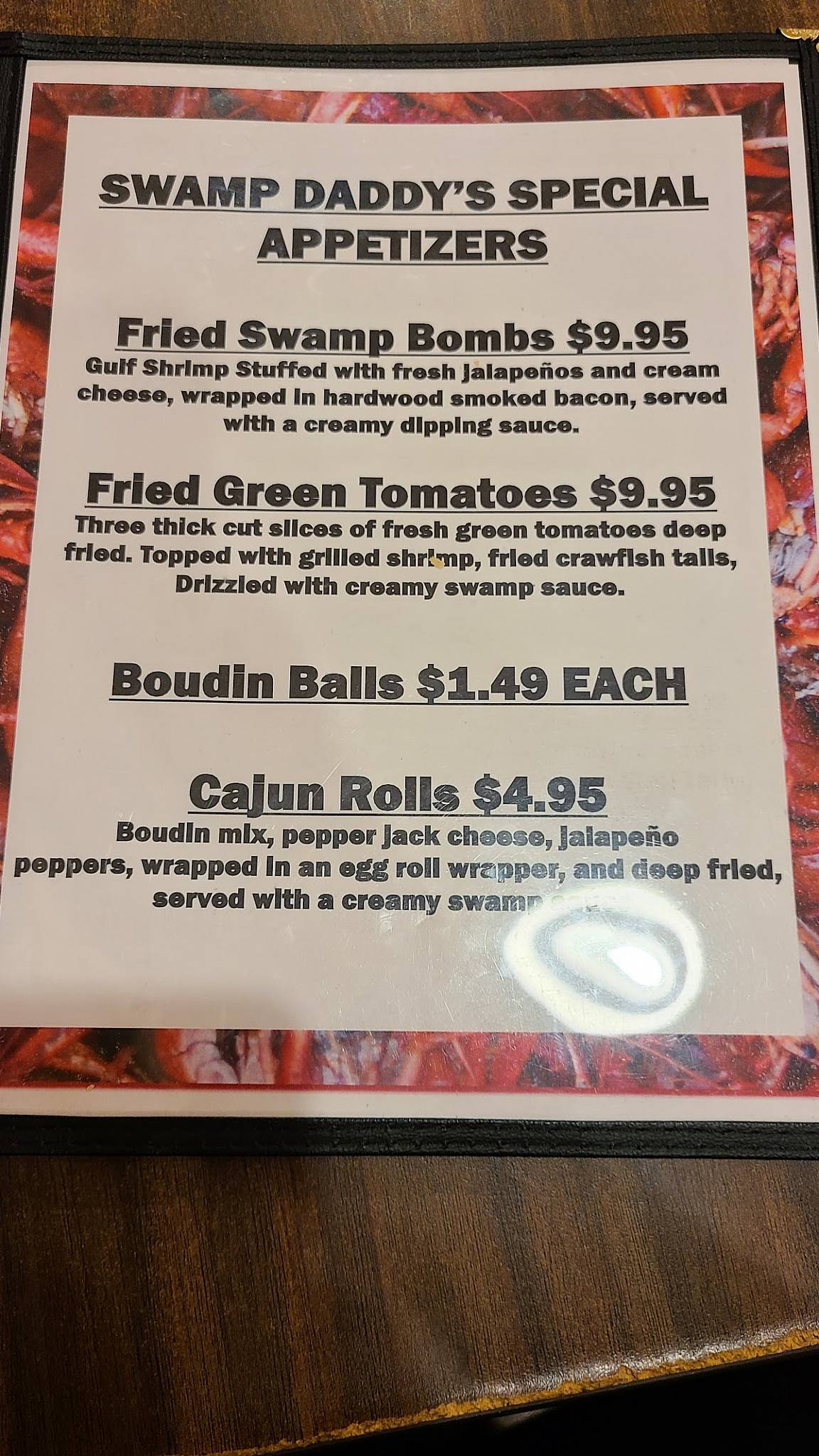 Menu at Swamp Daddy's restaurant, Alexandria, 55 MacArthur Dr