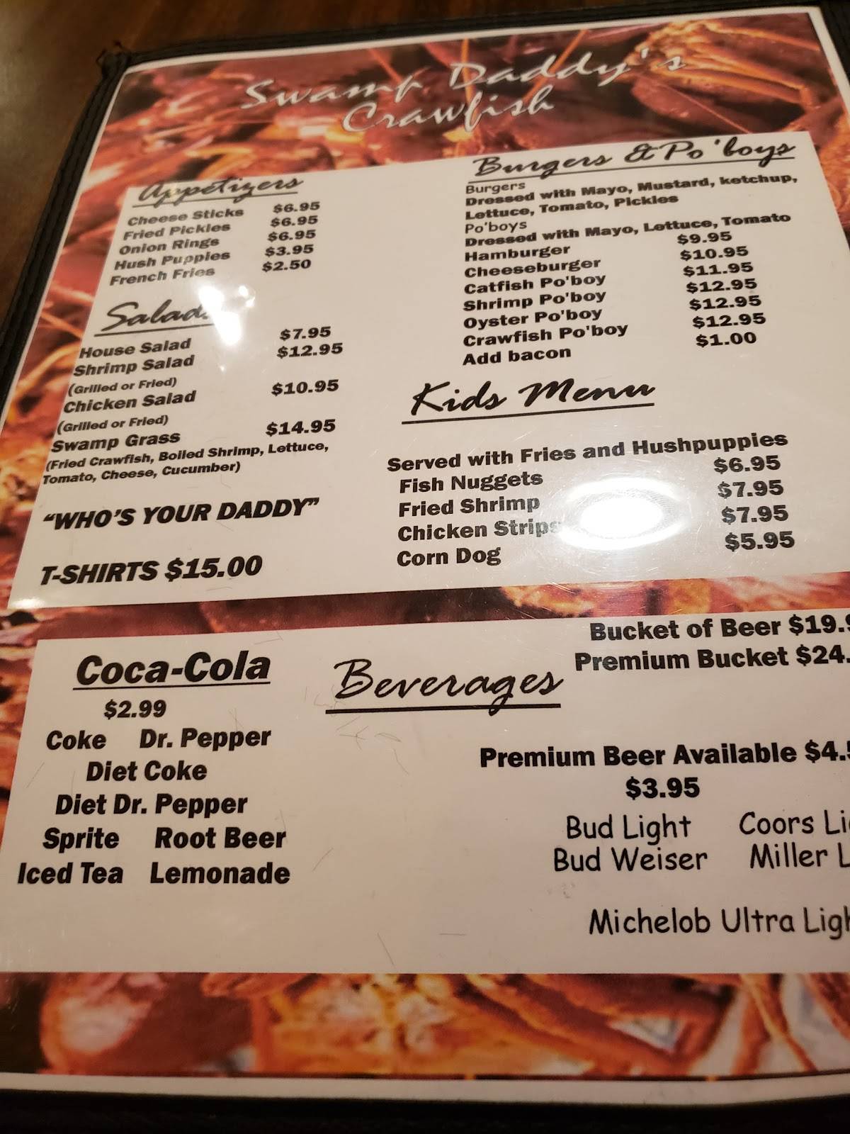 Menu at Swamp Daddy's restaurant, Alexandria, 55 MacArthur Dr