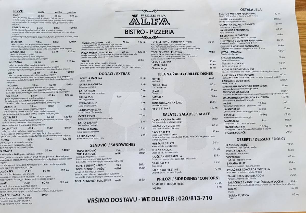 Menu at Alfa restaurant, Vela Luka