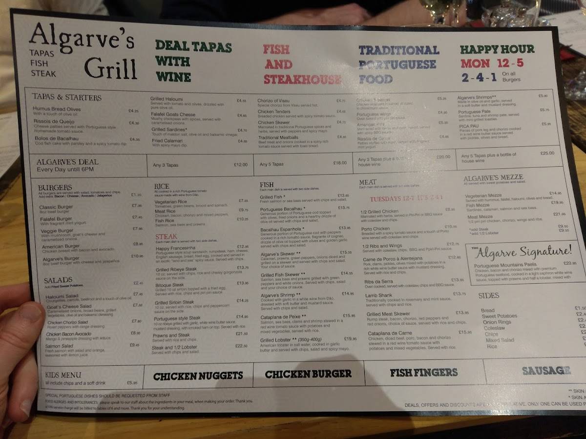 Menu at Algarve's Grill restaurant, Portsmouth