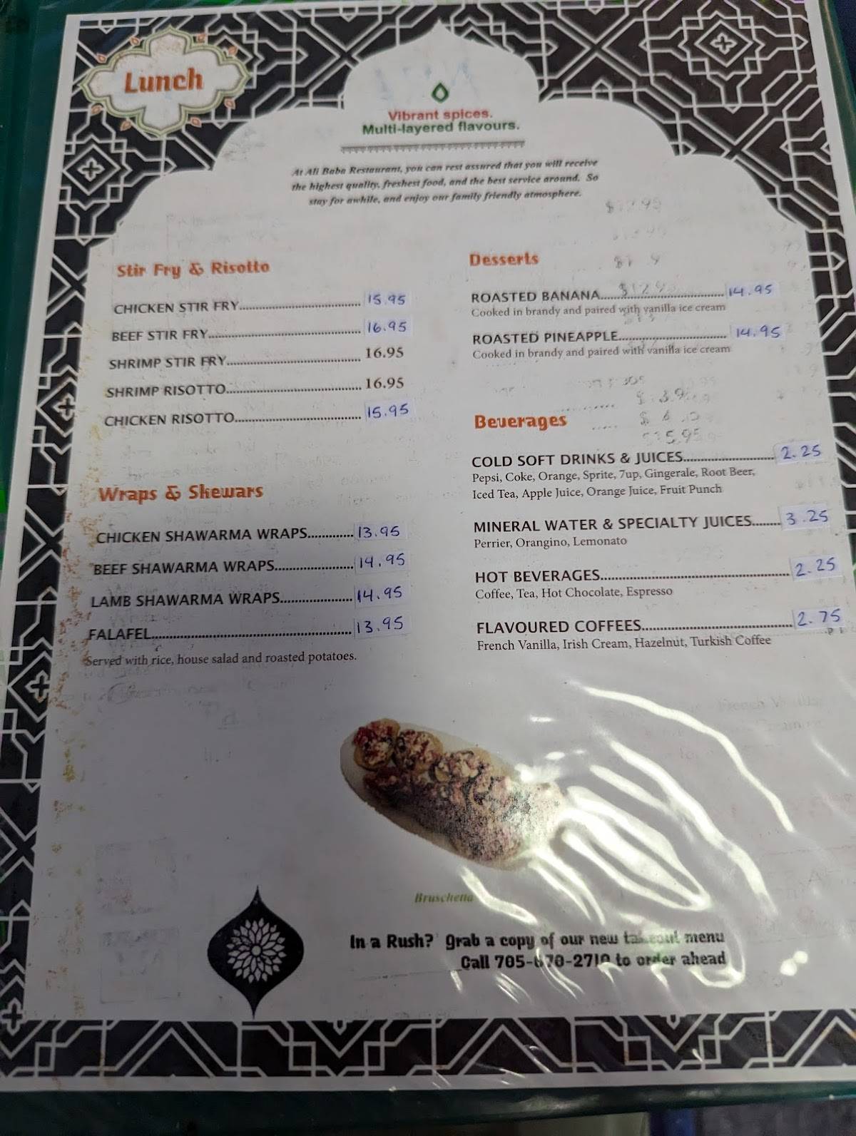Menu at Ali Baba Cafe, Sudbury