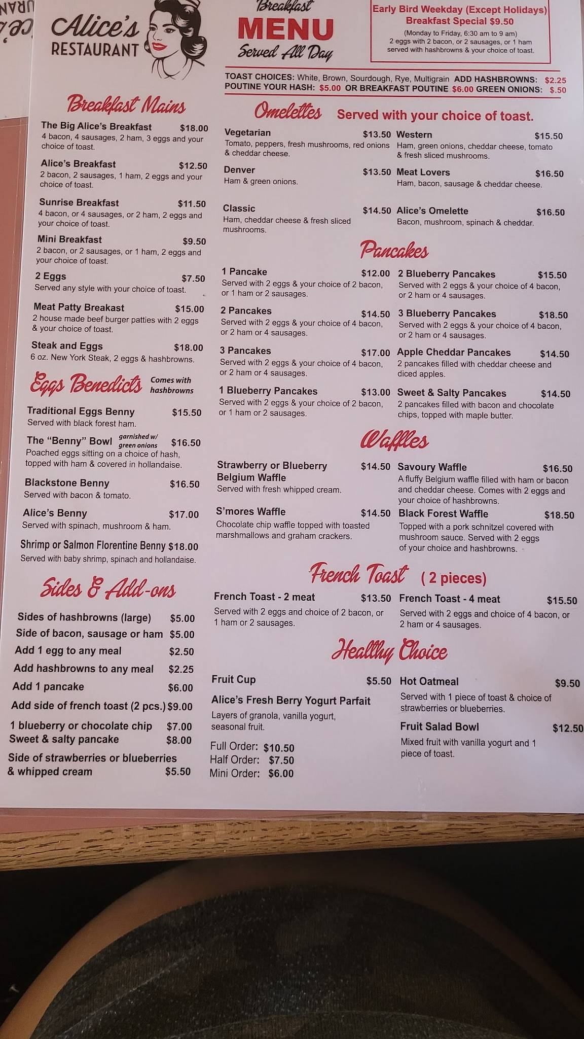 Menu at Alice's Restaurant, Nanaimo