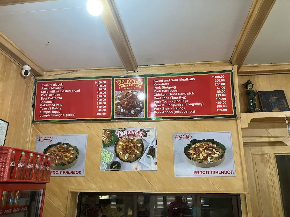 Menu at Aling Tonang's Palabok restaurant, Mandaluyong