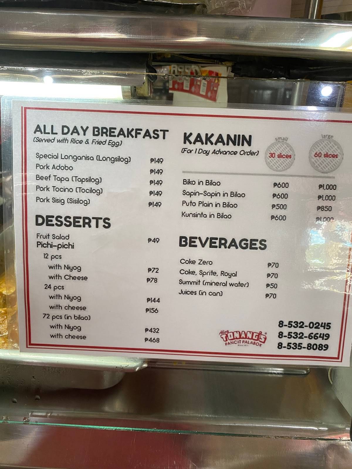Menu at Aling Tonang's Palabok restaurant, Mandaluyong