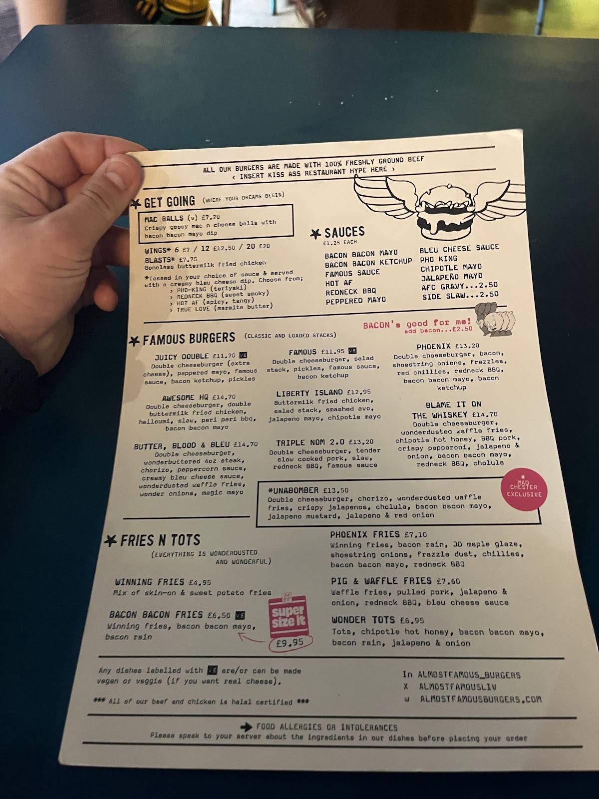 Menu at Almost Famous Manchester restaurant, Manchester