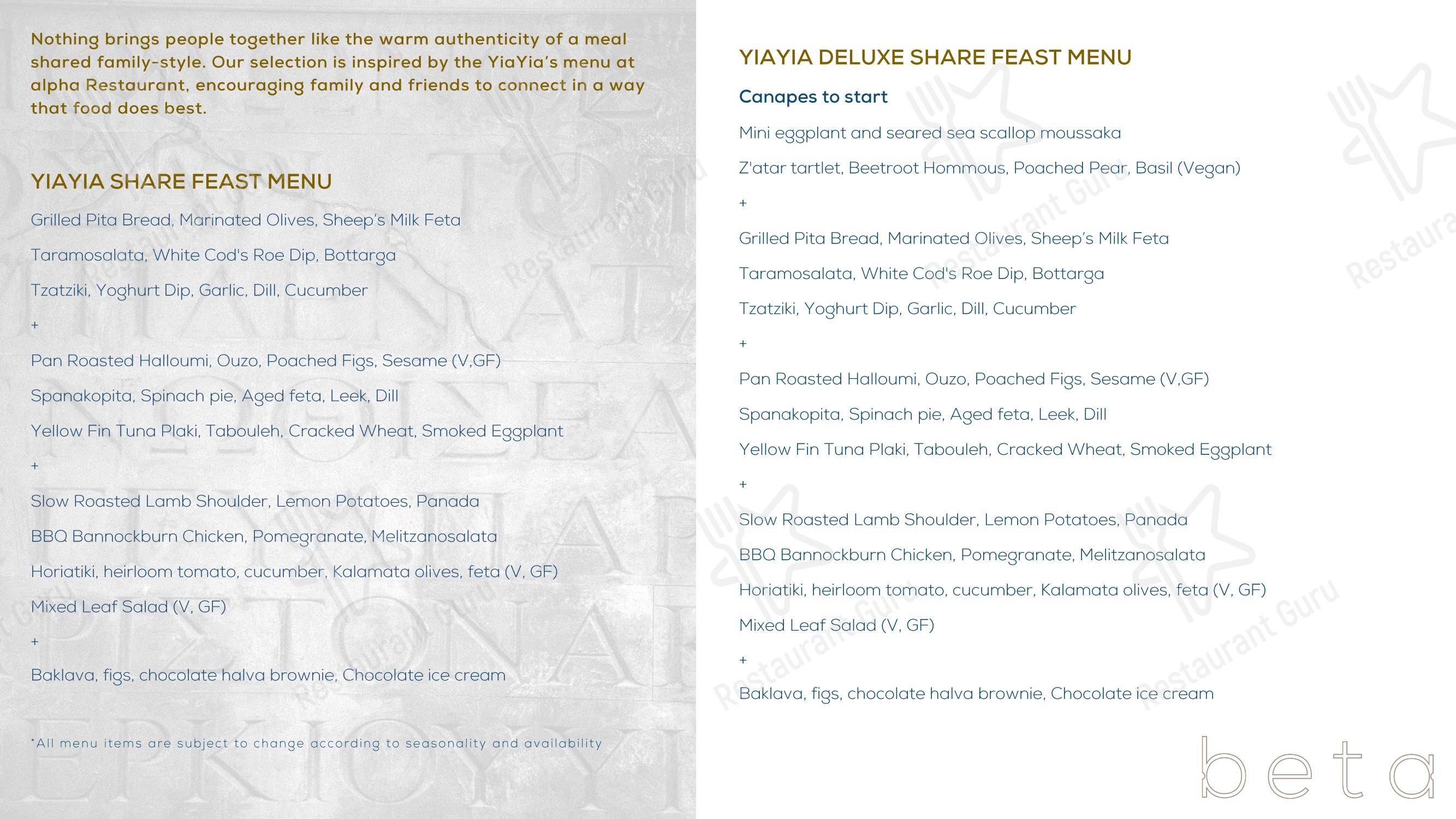 Menu at Alpha Dining restaurant, Sydney