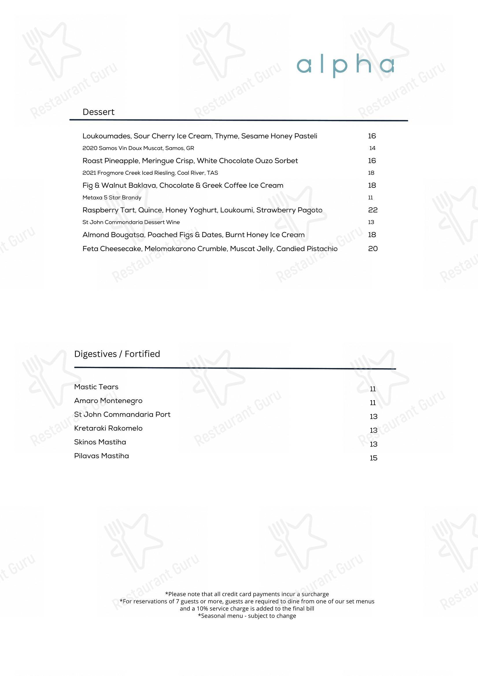 Menu at Alpha Dining restaurant, Sydney