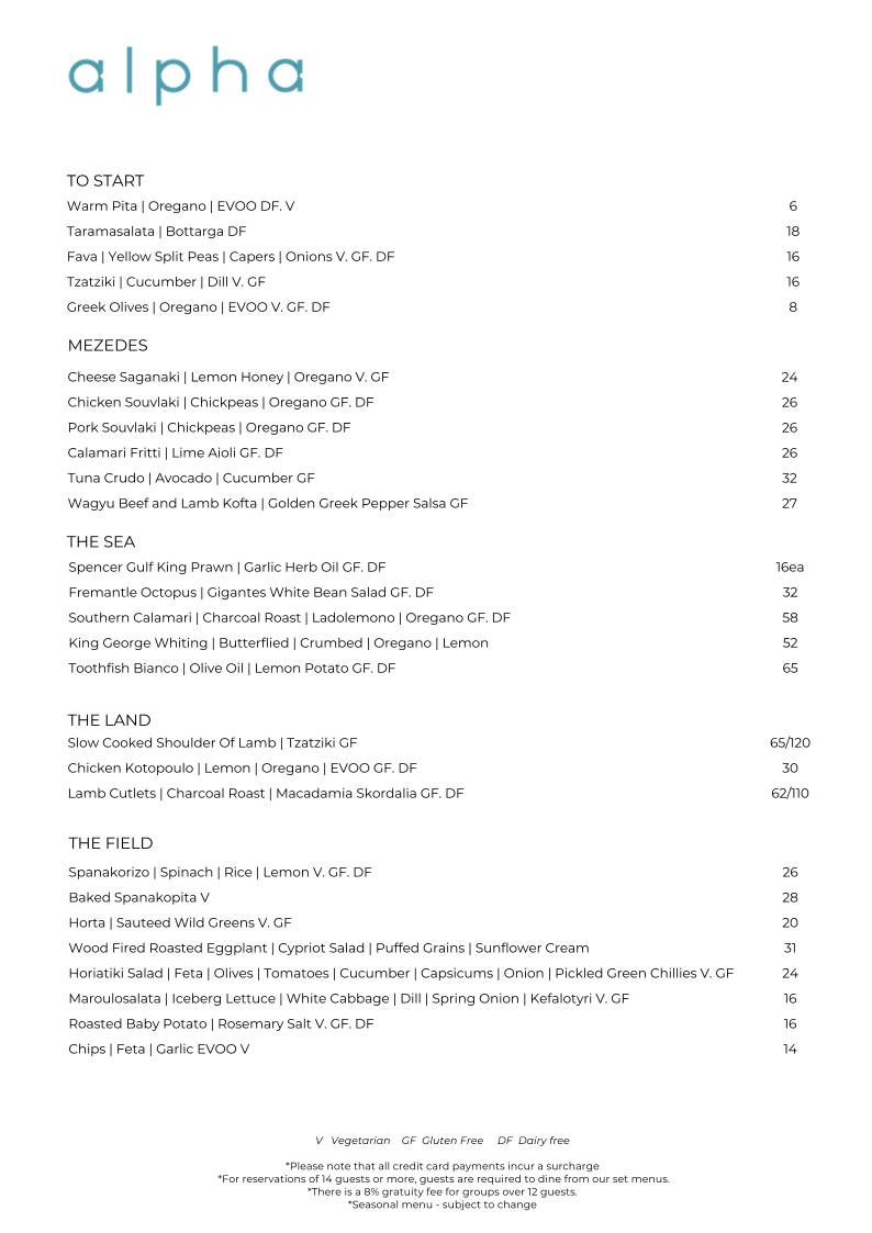 Menu at Alpha Dining restaurant, Sydney