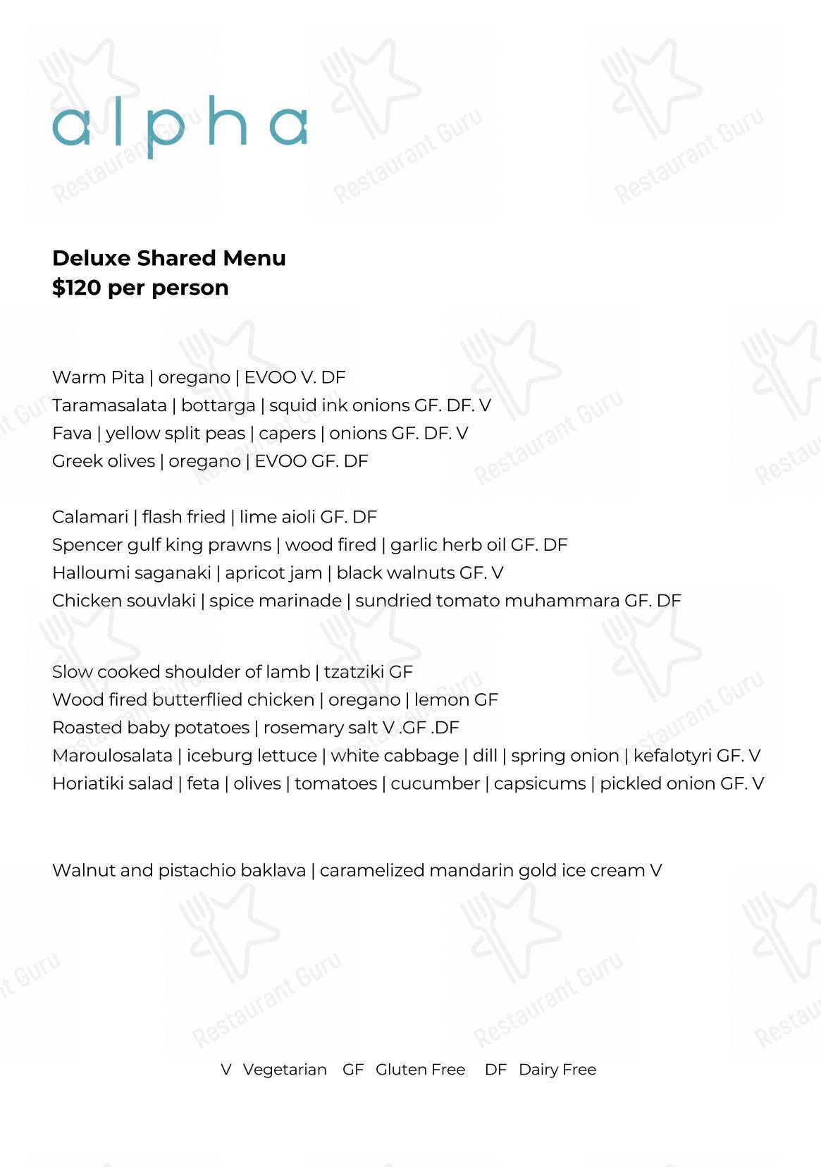 Menu at Alpha Dining restaurant, Sydney