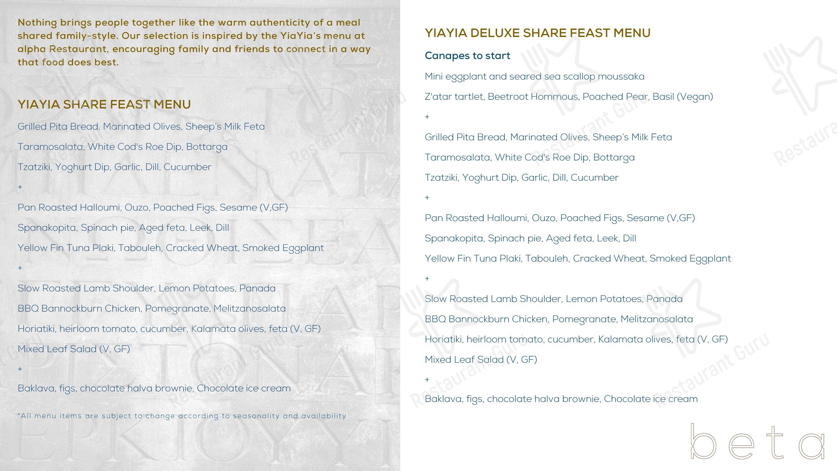 Menu at Alpha Dining restaurant, Sydney