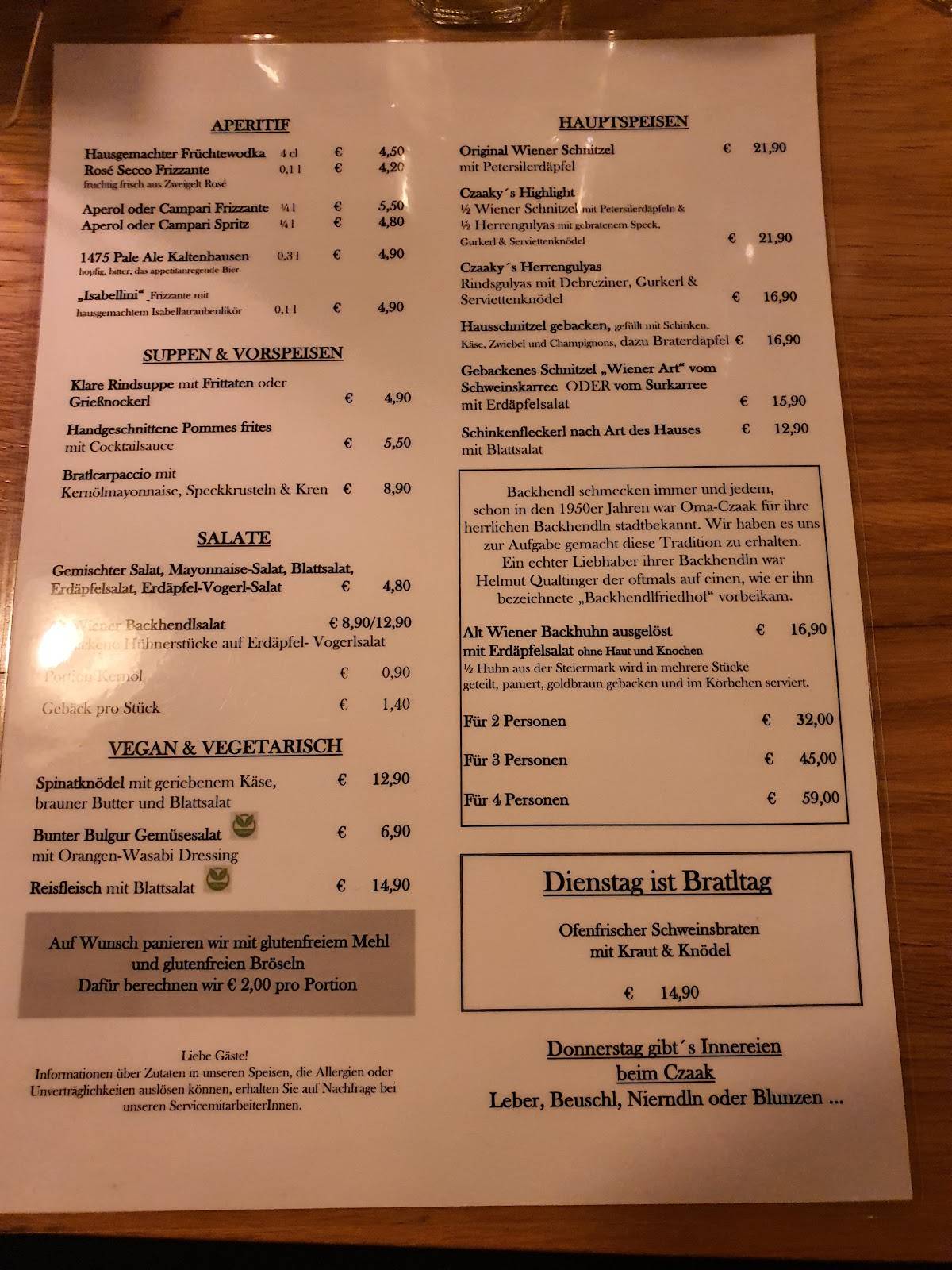 Speisekarte von Alt Wiener Gaststätte Beim Czaak restaurant, Wien