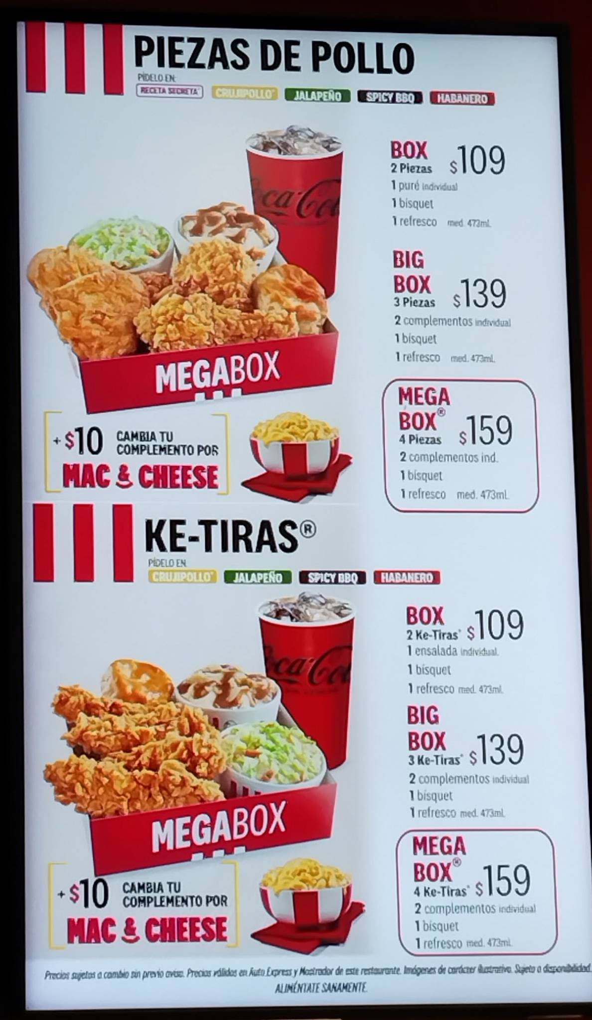 Menu at KFC restaurant, Altamira, Av. Puerto Industrial 209