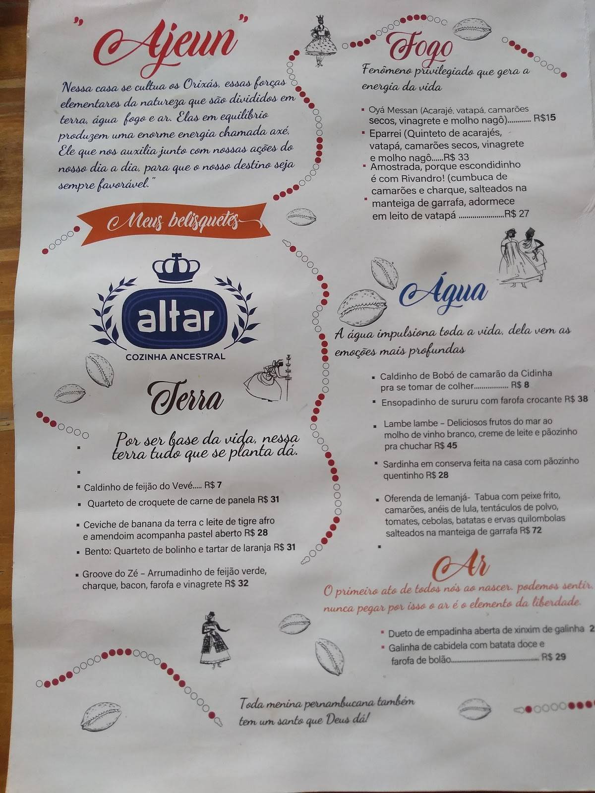 Menu em Altar Cozinha Ancestral - Recife restaurante, Recife