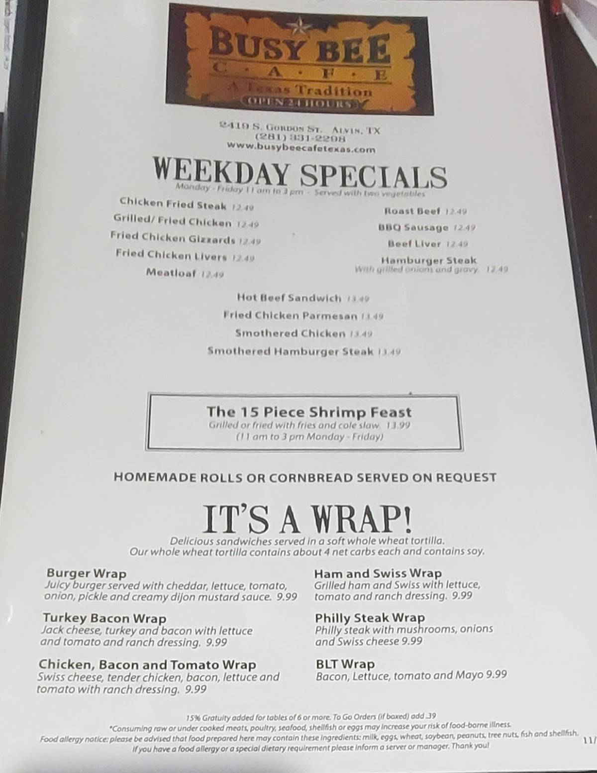Menu at Busy Bee Café cafe, Alvin, S Gordon St