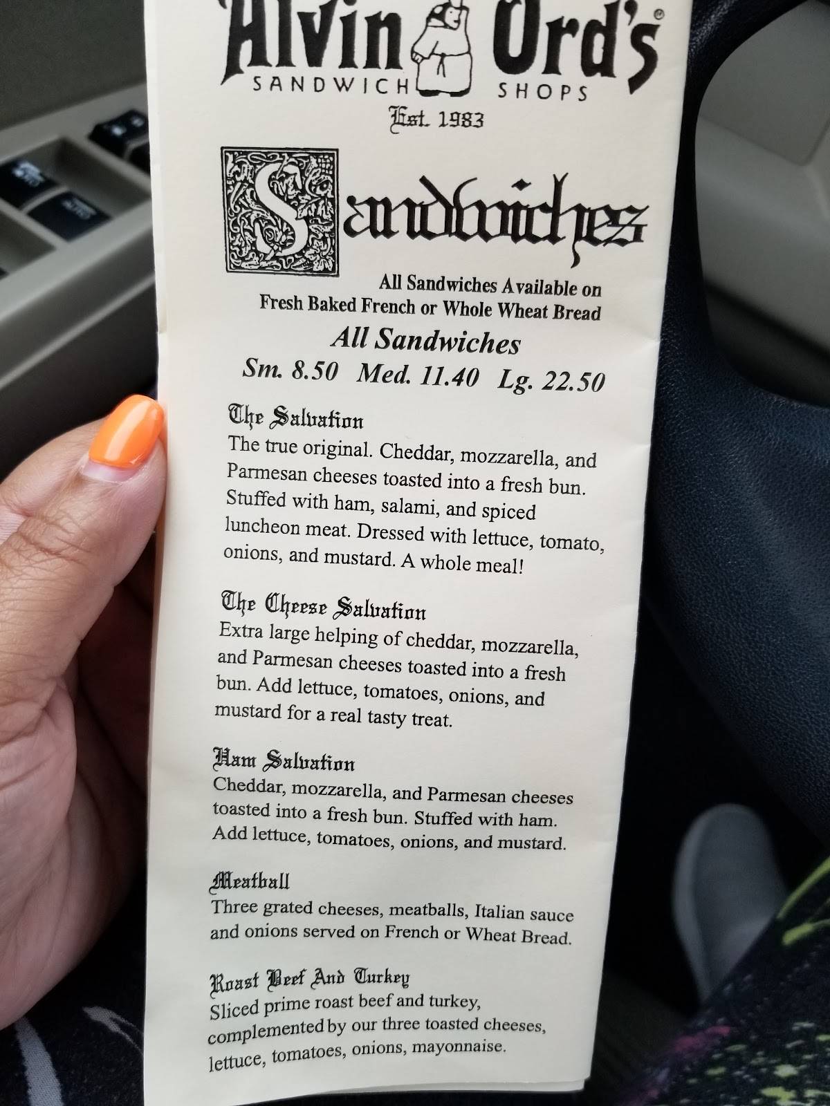 Menu at Alvin Ord's Sandwich Shop restaurant, Port Royal