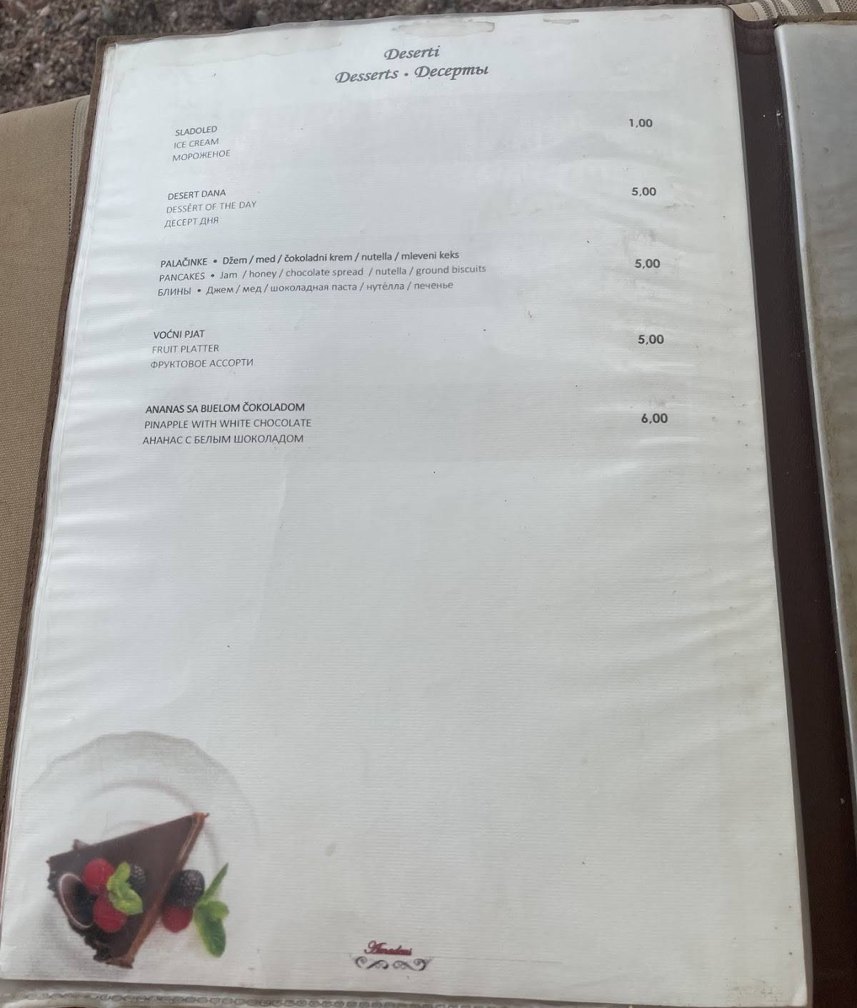 Menu at Amadeus restaurant, Sveti Stefan