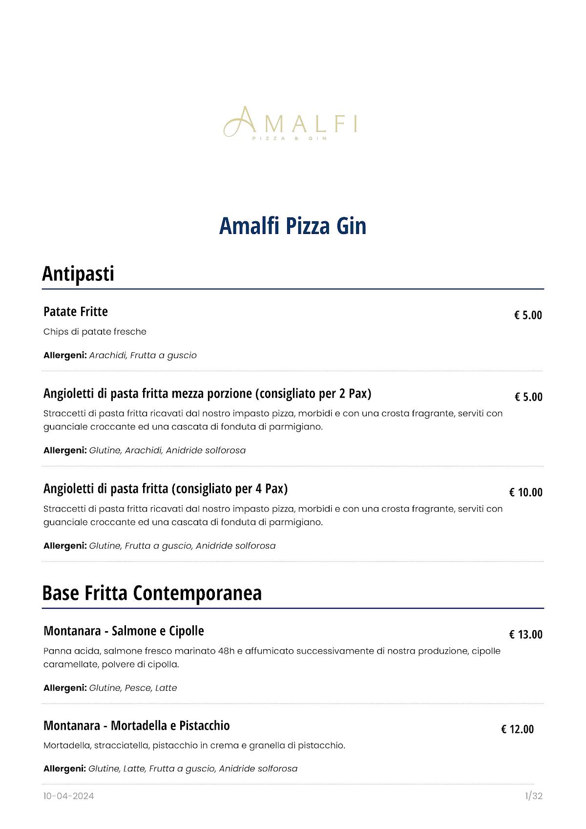 Menu da Amalfi Pizza & Gin Cagliari ristorante, Cagliari