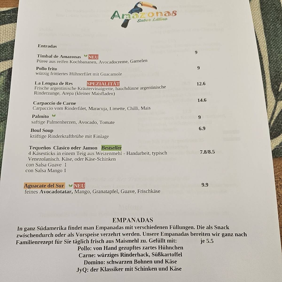Speisekarte von Amazonas Sabor Latino restaurant, Nürnberg