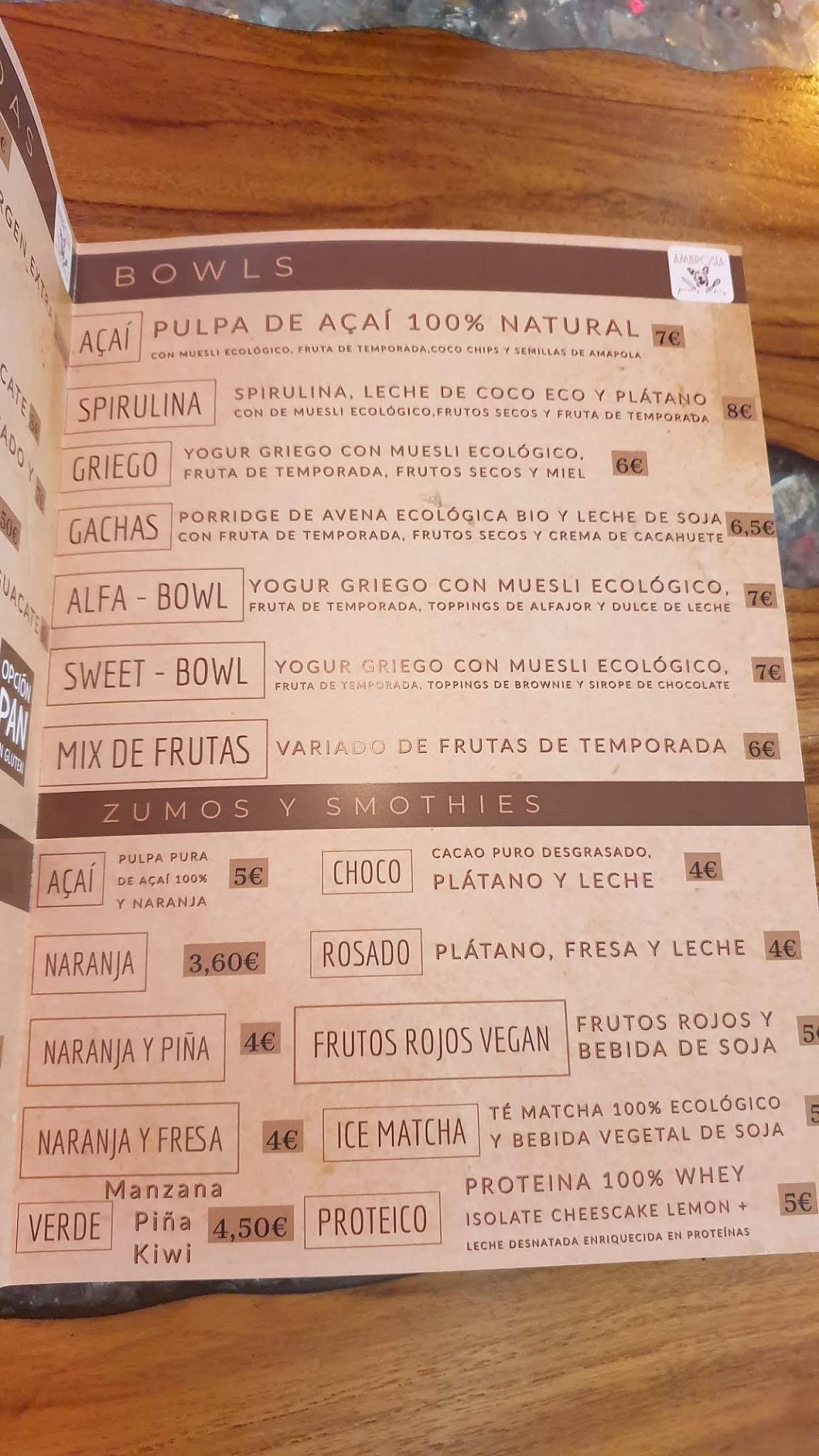 Menu at Ambrosía cafeteria, Gijón