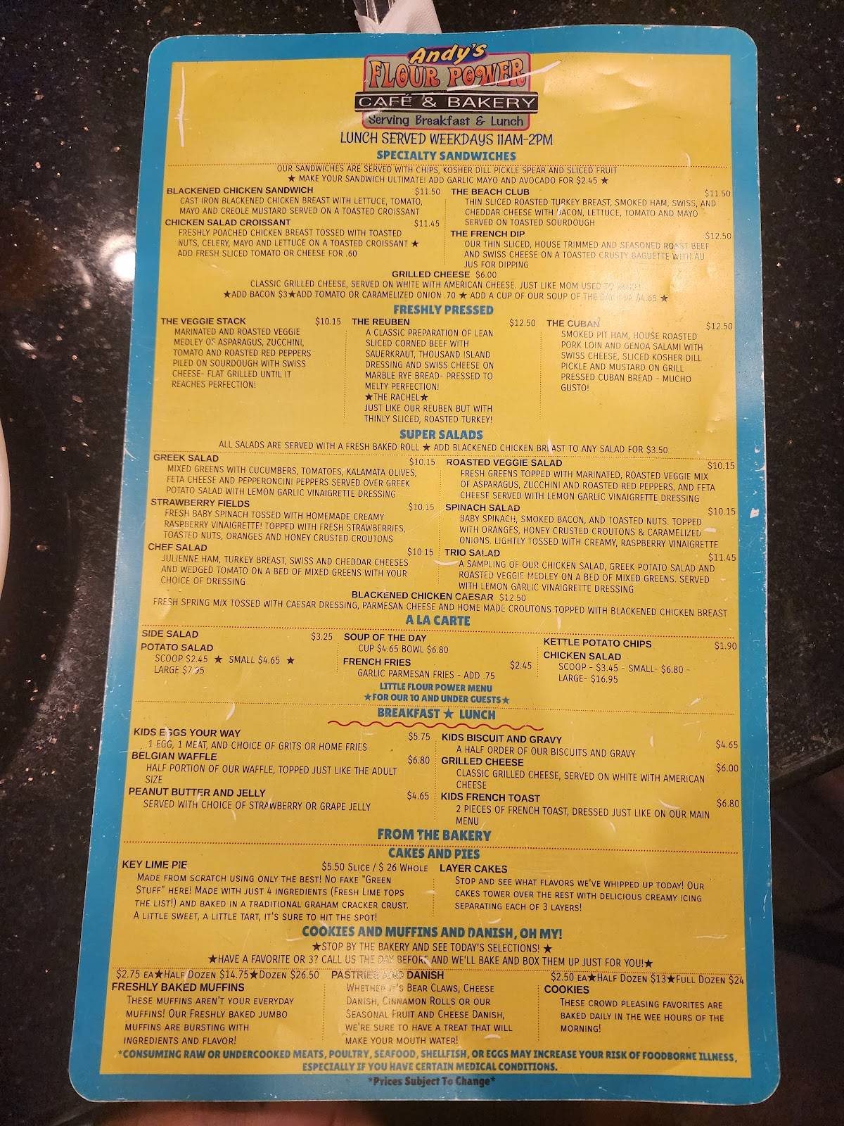 Menu at Andy's Flour Power Cafe & Bakery, Panama City