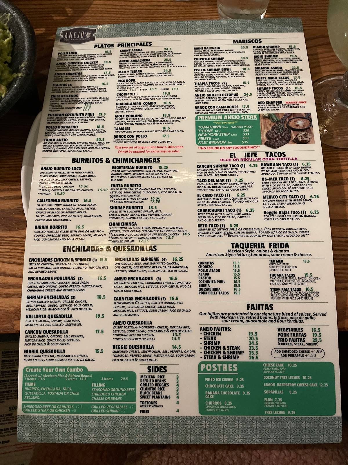 Menu at Anejo Cocina Mexicana Ponte Vedra restaurant, Ponte Vedra Beach