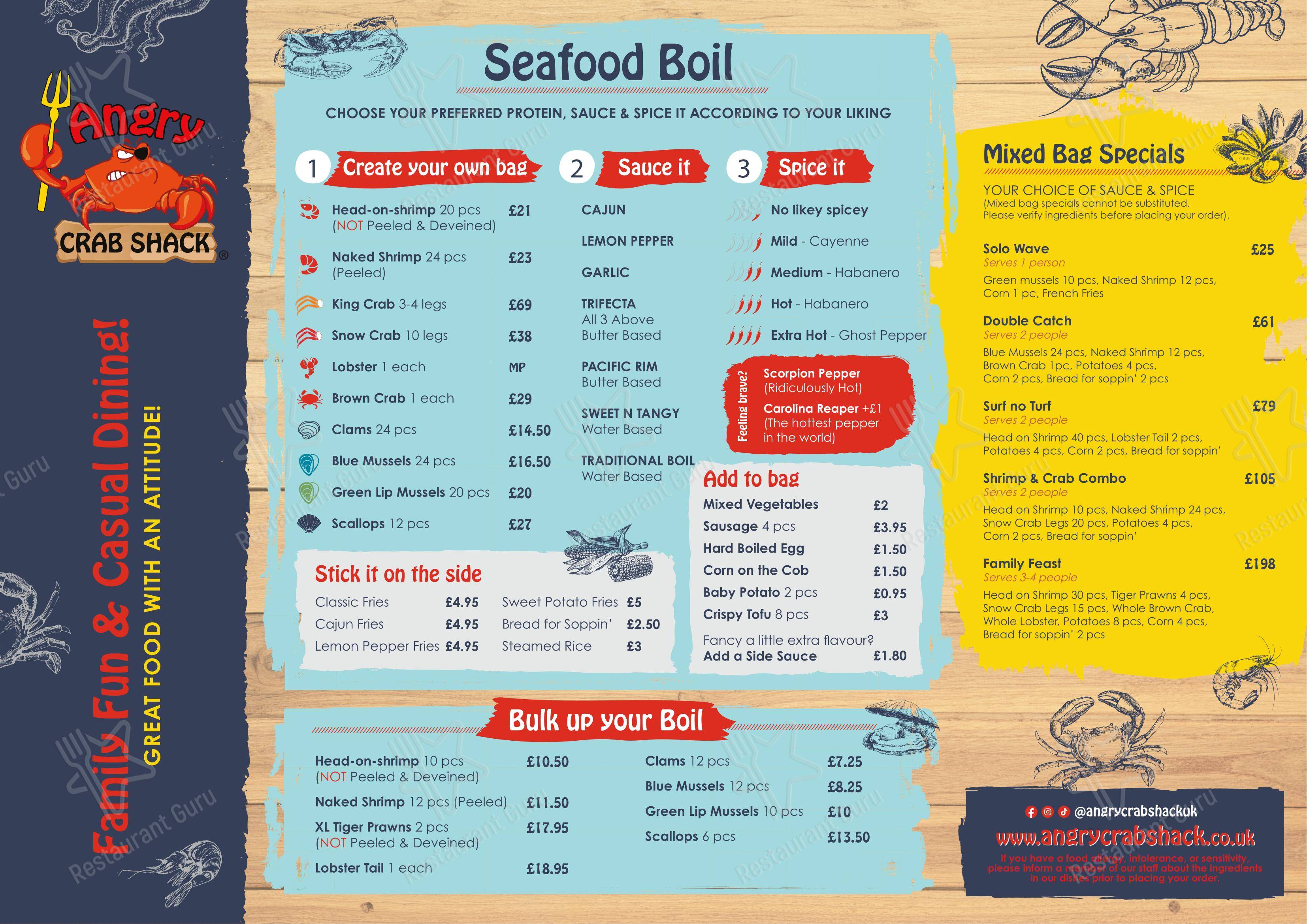 Menu at Angry Crab Shack restaurant, London