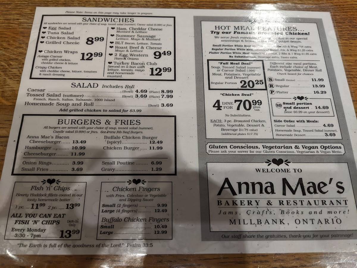 Menu at Anna Mae's Bakery & Restaurant, Millbank