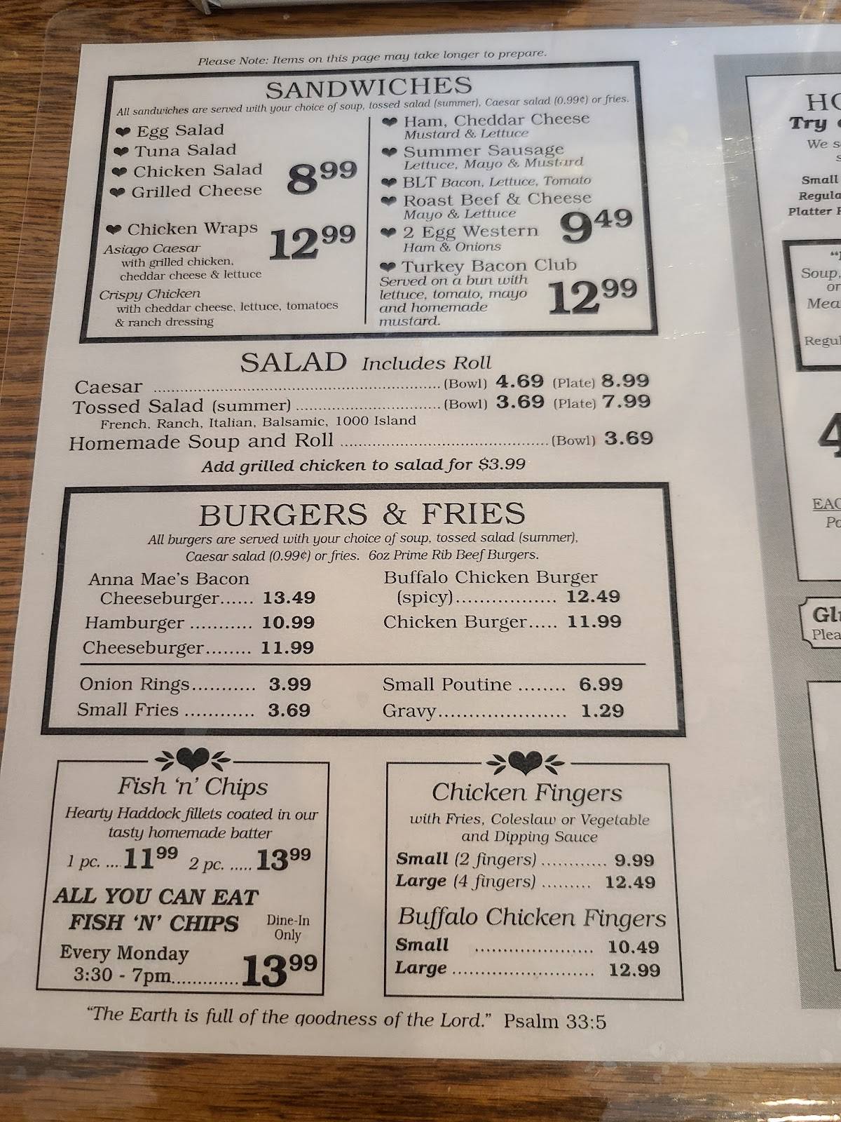 Menu at Anna Mae's Bakery & Restaurant, Millbank
