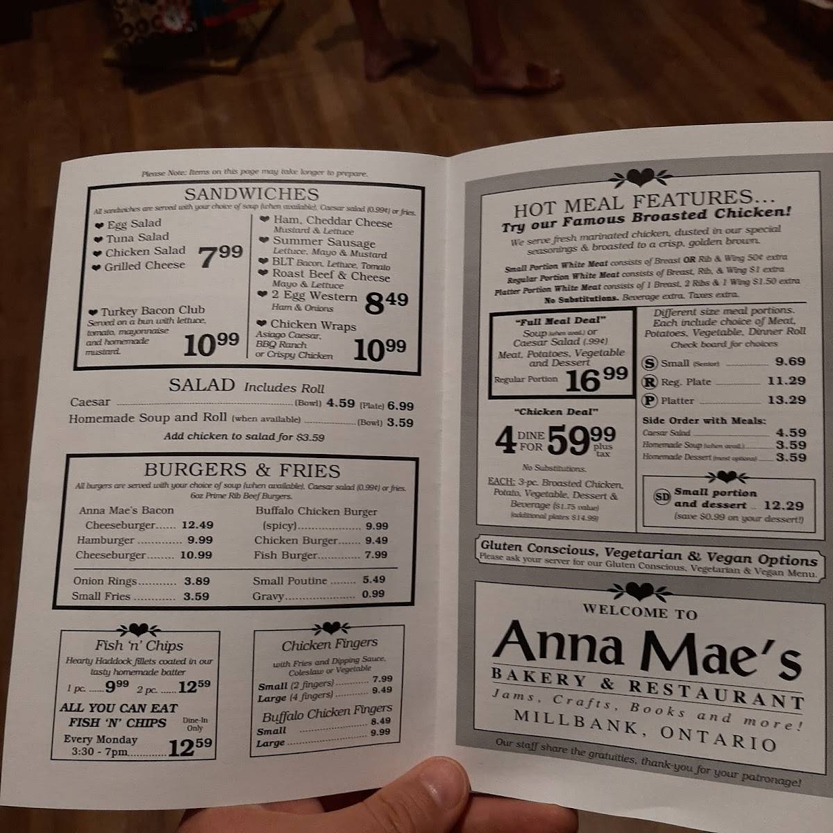 Menu at Anna Mae's Bakery & Restaurant, Millbank