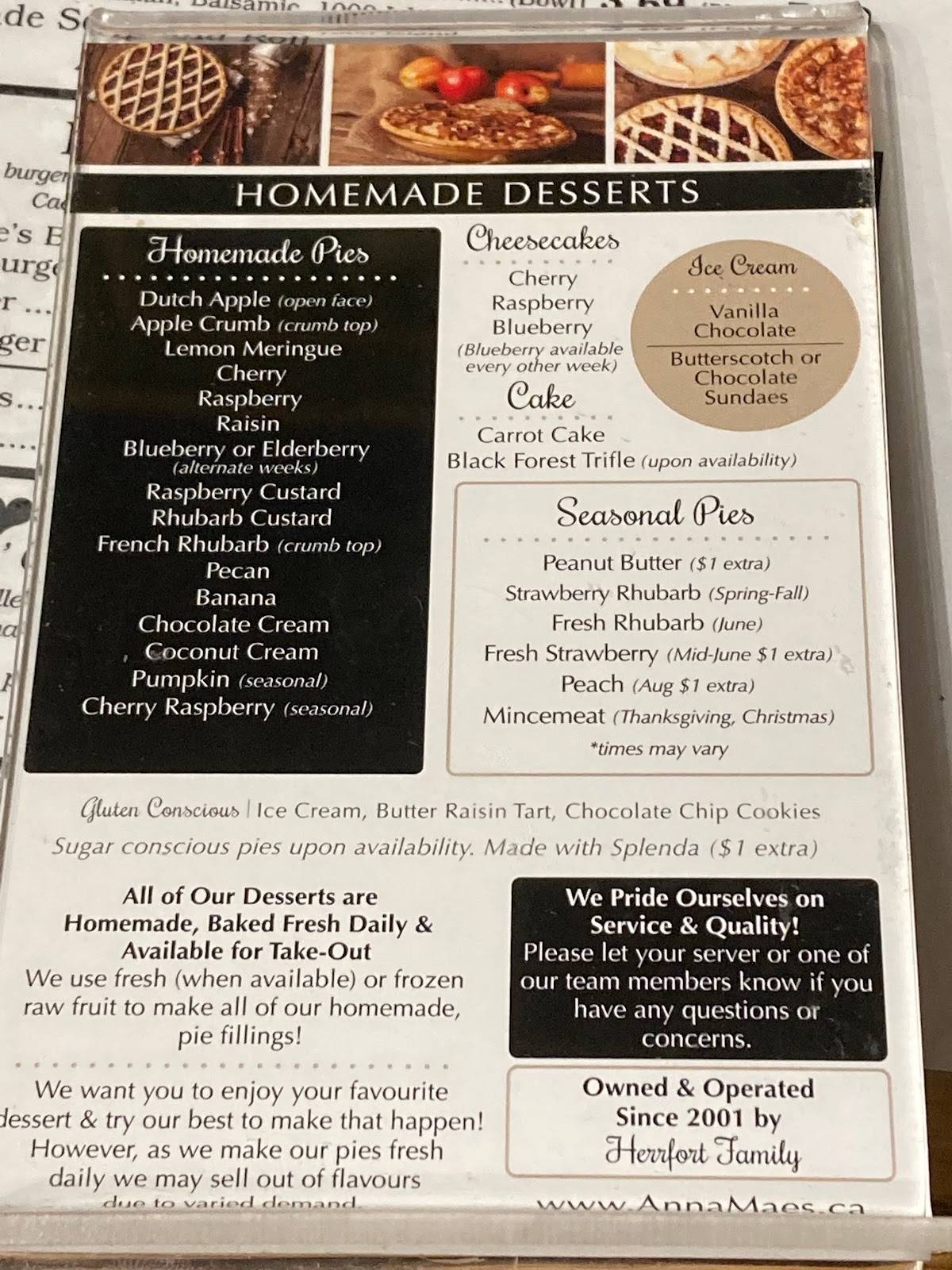 Menu at Anna Mae's Bakery & Restaurant, Millbank