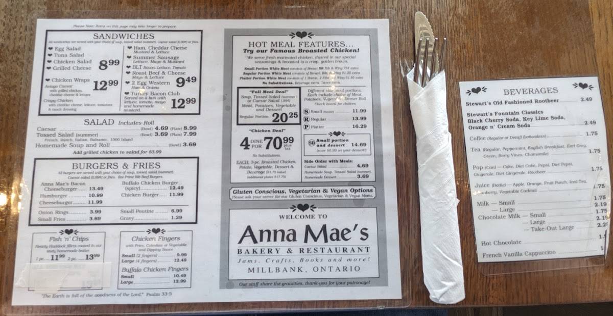 Menu at Anna Mae's Bakery & Restaurant, Millbank