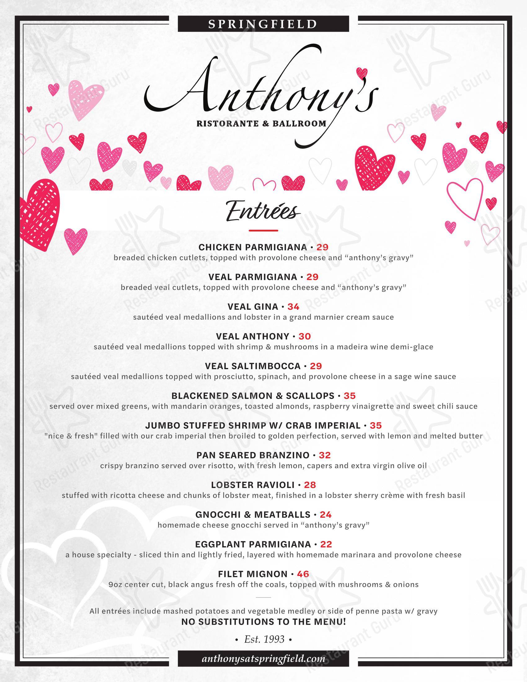 Menu at Anthony's restaurant, Springfield